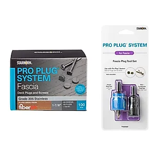 Pro Plug System for Fiberon Fascia Plug & Screw Kit - Fiberon Beach House Fascia Plugs & Stainless Steel Screws- 9 x 1-7/8" T-20 Star Dr- 100 Pieces with Fascia Plug Tool Set