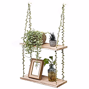 MITIME Hanging Shelves for Wall,2 Tier Window Wall Hanging Shelf for Plant Photo Frames Decorations Display Decor, Green Leaf Rope Farmhouse Wooden Floating Small Bookshelves (Light Color, 2 Tier)