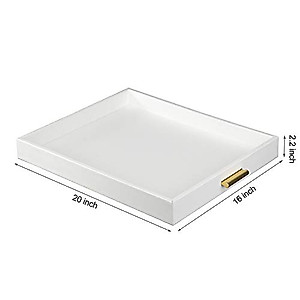 HofferRuffer Extra Large Serving Tray with Handles, Elegant Faux Leather Storage Decorative Tray for Coffee Table, Ottoman, Console Table (White Tray+Golden Handle)