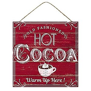 Craig Bachman 12 Inch Square MDF Printed Sign Vintage Hot Cocoa Theme (White, Red, Beige) Christmas Decor