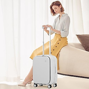 Mixi Carry On Luggage, 20'' Suitcase with Front Laptop Pocket, Travel Rolling Luggage Aluminum Frame PC Hardside with Spinner Wheels & TSA Lock and Cover - Smoke White
