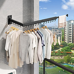 CHAHUANV Wall Mounted Clothes Drying Rack,Laundry Drying Rack Wall Mount,Laundry Clothes Hanger,Drying Rack Clothing,Retractable Laundry Rack for Hanging Clothes,Collapsible,Foldable,Black-Hooks