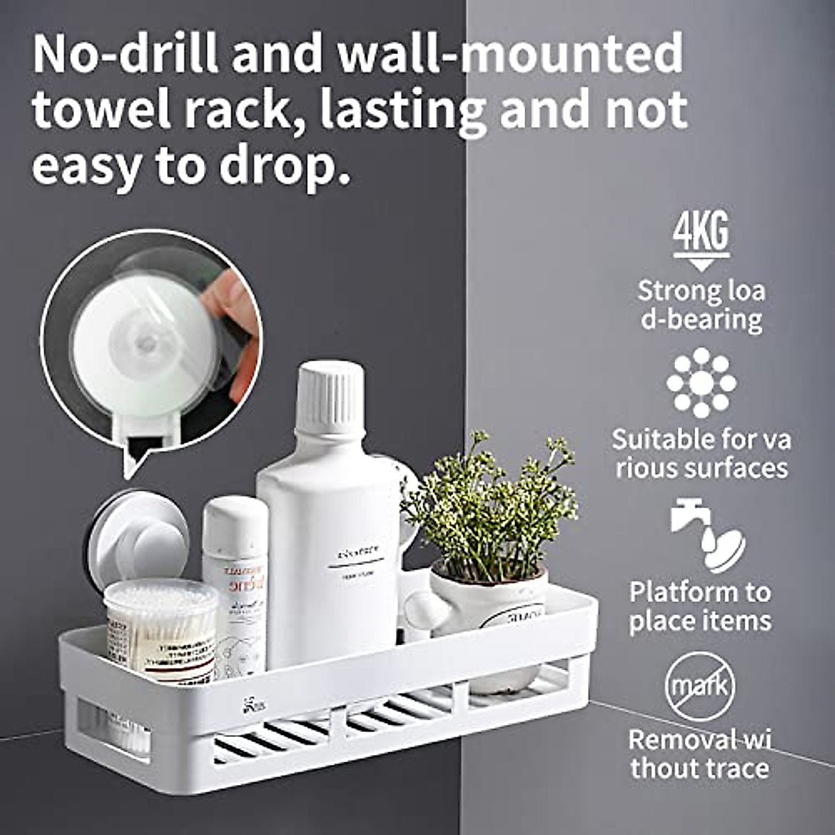 Shower Caddy Suction Cup, Bathroom Vacuum Suction Shower Basket Storage Organizer, Removable Drill-Free Shower Shelf for Shampoo, Body Wash, Plastic Shower Rack for Kitchen & Bathroom (Rectangle)