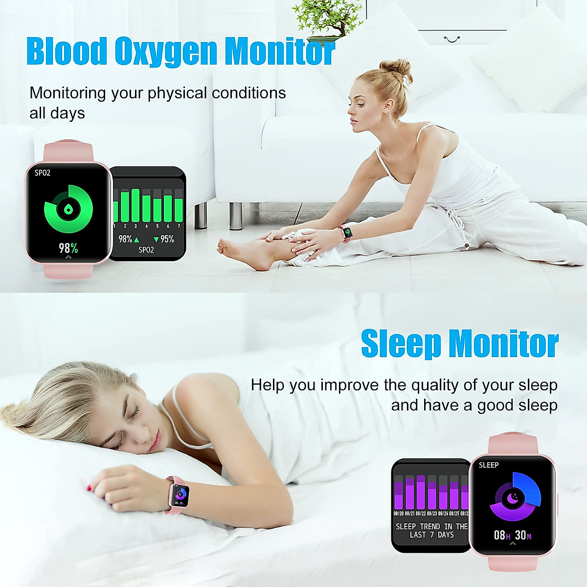 Joombonpia Smart Watch for Android Phones iPhone Compatible 1.71''Touch Screen Fitness Tracker with Heart Rate Blood Oxygen Sleep Monitor IP68 Waterproof Smart Watches for Men(Blue)