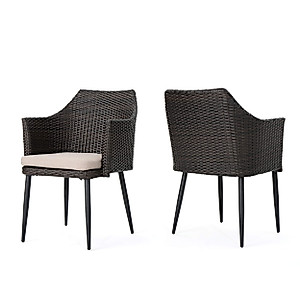 Christopher Knight Home Iona Outdoor Wicker Dining Chairs with Metal Legs and Water Resistant Cushions, 2-Pcs Set, Multibrown / Textured Beige / Dark Brown