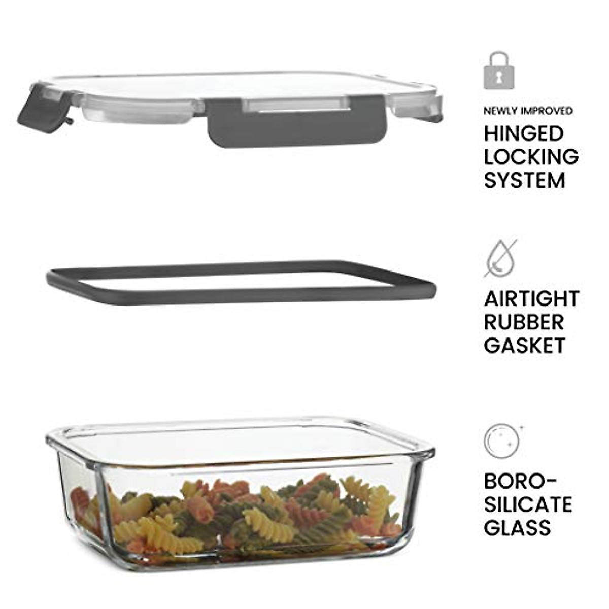 FineDine 6-Piece Superior Glass Food Storage Containers Set, 35oz Capacity - Newly Innovated Hinged Locking lids - 100% Leakproof Glass Meal-Prep Containers, Freezer-to-Oven-Safe (Grey)
