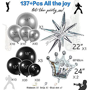 Black and silver balloon Garland Arch Kit with Large Starburst Crown foil balloons for 25th Birthday 50th Anniversary new year eve decorations Retirement Party Supplies