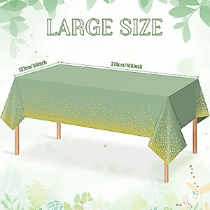 3 Pack Sage Green and Gold Plastic Tablecloth, Green Disposable Table Cloth for Rectangle Tables, Gold Stamping Dot Light Green Tablecloth for Baby Shower Birthday Wedding Party Decorations, 54"x108"