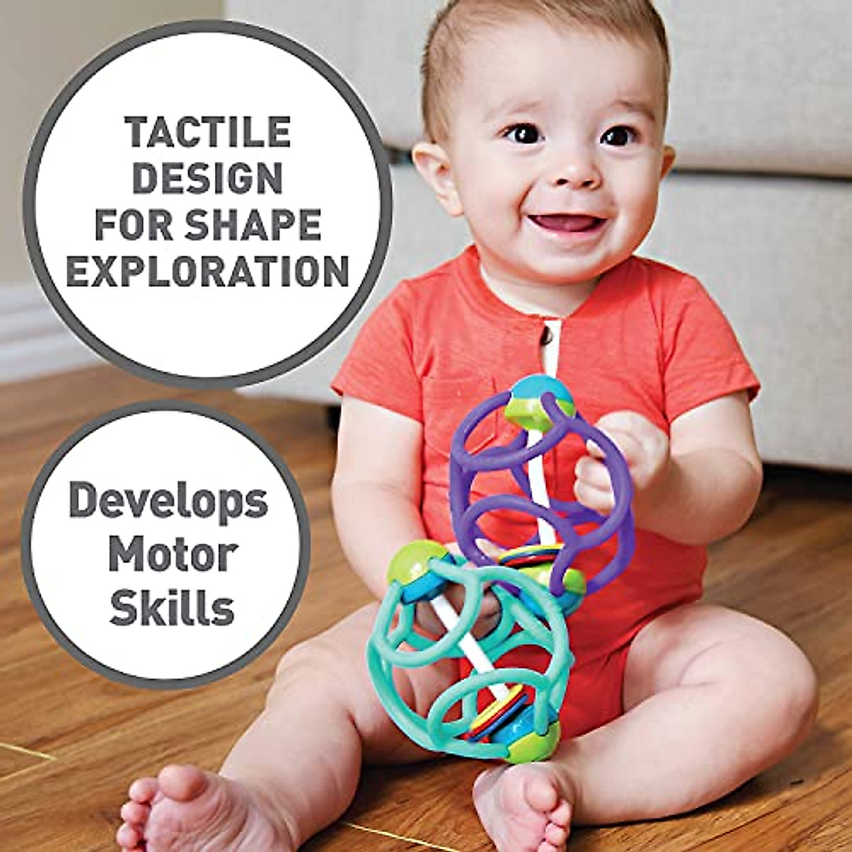 OgoBolli Rattle & Teether Toy for Babies - Tactile Sensory Ball - Stretchy, Soft Non-Toxic Silicone - Ages 6 Months and up - Purple