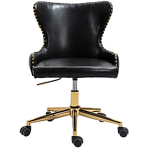 Meridian Furniture 167Black Hendrix Collection Modern Contemporary Vegan Leather Upholstered Swivel Adjustable Office Chair with Button Tufting and Gold Base, Black, 21.5" W x 24" D x 30.3"-32.6" H