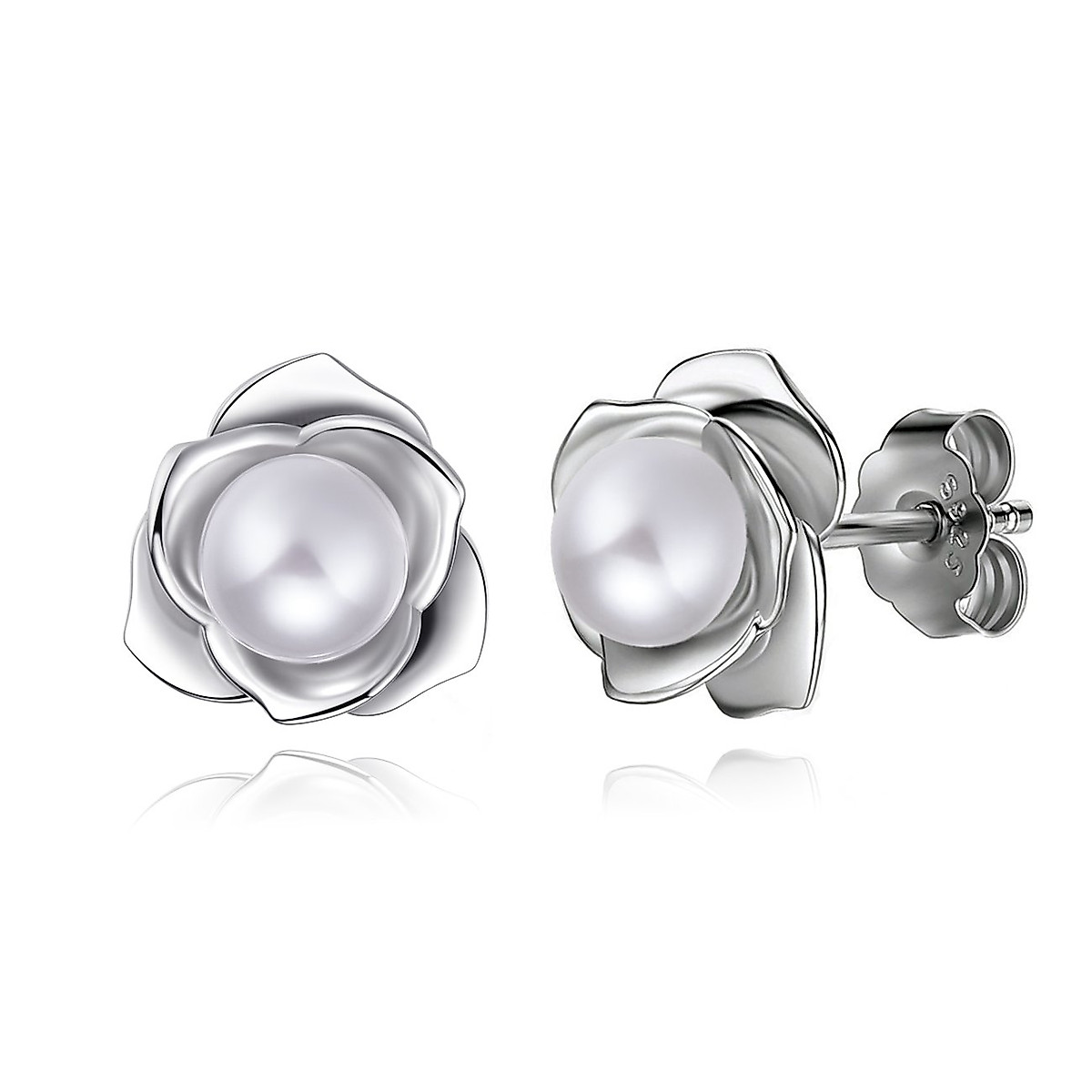 "Lovely Rose" High Polished 925 Sterling Silver Earrings with 7-8mm Natural Freshwater Pearl (Jewels Set)