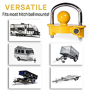 VaygWay Trailer Coupler Lock - Premium Quality Yellow Universal Anti-Theft Adjustable Storage Security Heavy-Duty Steel Trailer Ball Lock, Security Towing Lock Trailer, Boat -Fits 1-7/8",2”, 2-5/16"