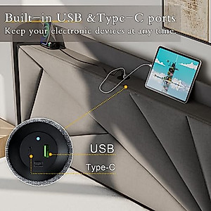 LEMBERI Queen Size Bed Frame with Storage Headboard,Upholstered Platform Bed Frame with Charging Station,Heavy Duty Mattress Foundation with Wooden Slats,No Box Spring Needed, Noise-Free