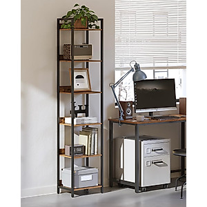 Surksis 6-Tier Bookshelf, Narrow Bookshelf, Industrial Bookcase with Open Shelves, Tall Book Shelf for Living Room, Home Office, Study, Bedroom, 11 x 15.7 x 72.5 Inches, Rustic Brown and Black