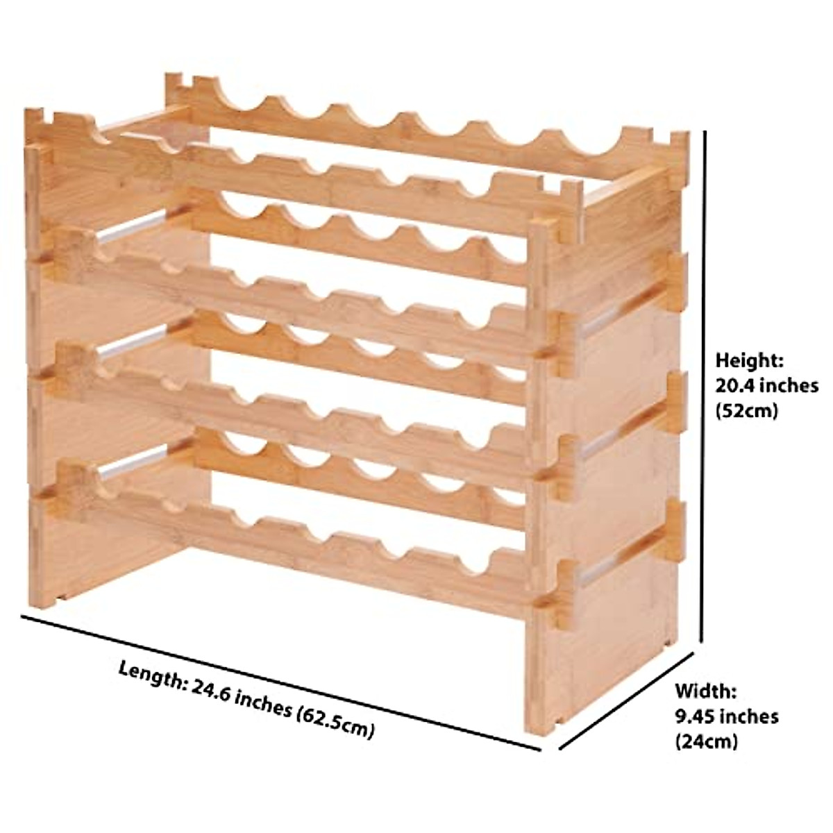 Modular Stackable Bamboo Wooden Wine Rack; Easy to Assemble & Add Levels; Bottles Rest Slanting Downwards to Keep Corks Moist; for Kitchen, Pantry, Cellar Storage (24 Bottle Capacity, 6 x 4 Rows)