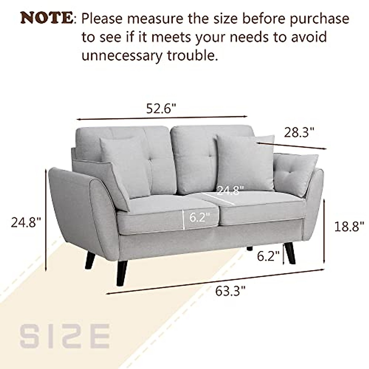 Shintenchi 63" Modern Fabric Loveseat Sofa Couch for Living Room Upholstered 2-Seat Low Back Deep Seat with 4 Pillows Furniture for Bedroom, Office，Studio Easy Assembly Light Grey