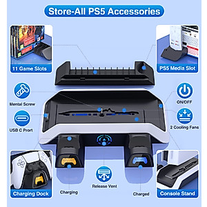 CYKOARMOR PS5 Stand with Cooling Station&Dual Controller Charger for PlayStation 5 PS5 Console(NOT Fit PS5 Slim), PS5 Accessories with 5V/3A Adapter, PS5 Base with Cooler Fan, Charging Dock