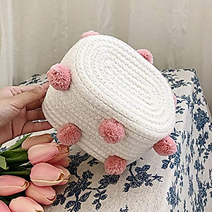 pizarra Cotton Woven Storage Basket Cute Pompom Decor Sundries Finishing Box Nordic Cosmetic Toys Organizer Pink S