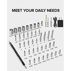 POPULO 4V Electric Screwdriver Kit,6 Torque Settings, Power Screwdriver Cordless Rechargeable with LED Work Light, 32 pieces Screwdriver Bits, 8 Sockets, Flex Hex Shaft, Bit Holders and Storage Box