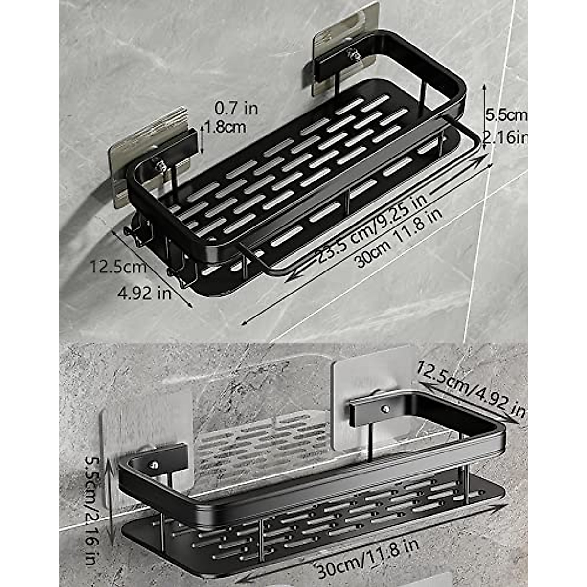 SPNDOB Shower Caddy, Adhesive Shower Shelves with Hooks No Drilling Rustproof & Waterproof Wall Mounted Bathroom Shower Organizer,Black.[2 Pack]