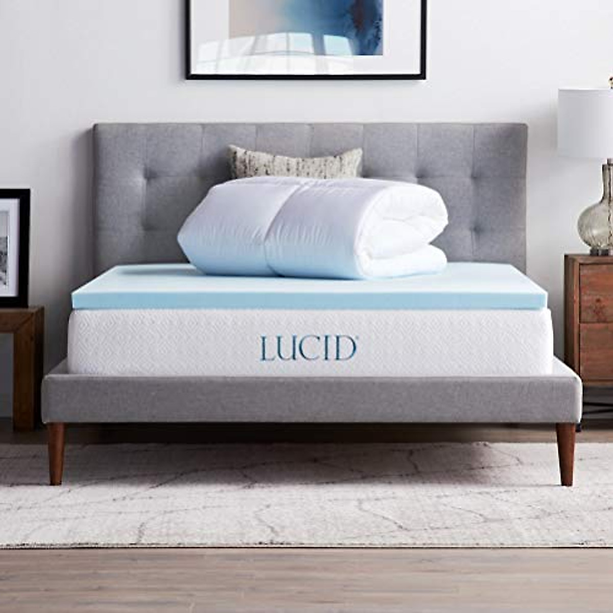 LUCID 4 Inch Down Alternative and Gel Memory Foam Mattress Topper, King, White & Premium Shredded Memory Foam Pillow-Hypoallergenic-Adjustable Loft-2 Pack, Standard (Pack of 2), White 2 Count
