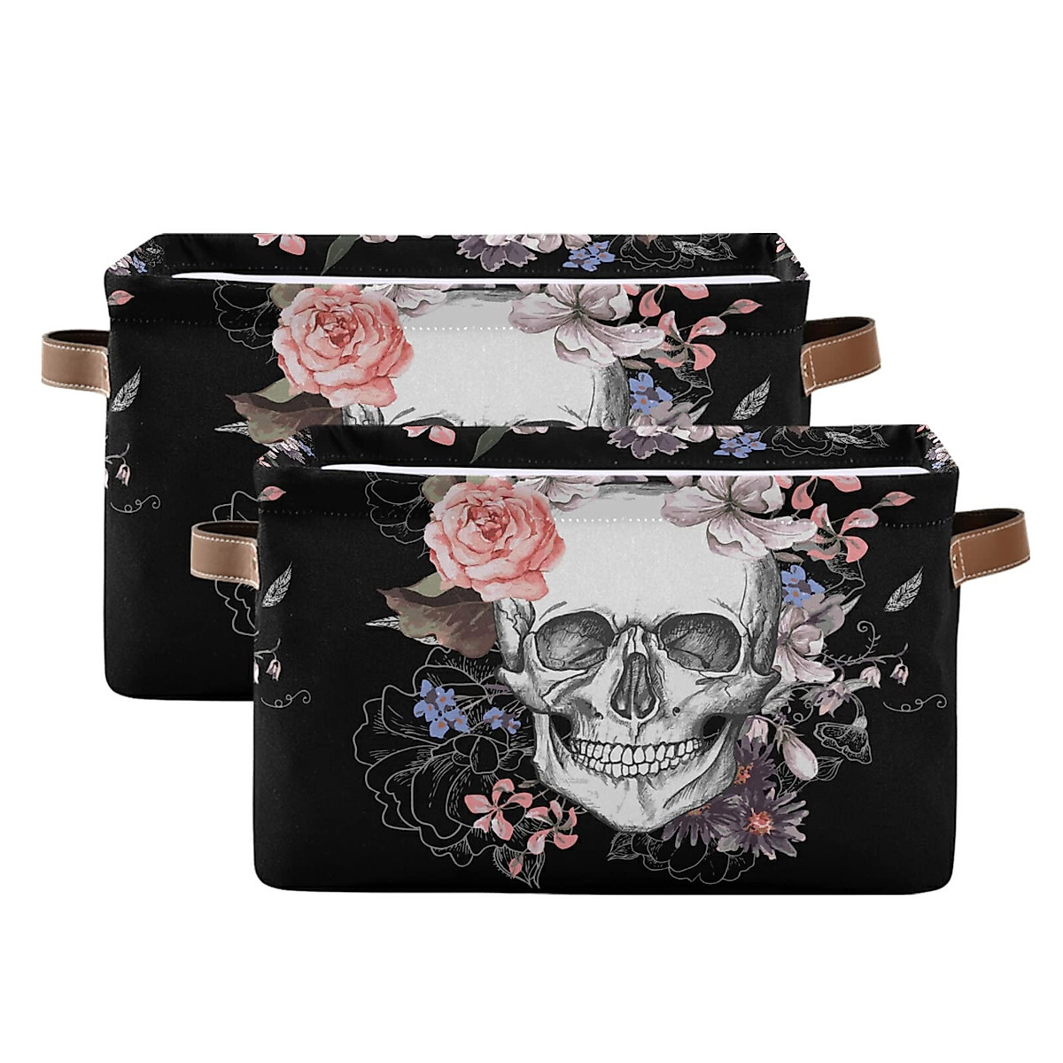 Sugar Skull Flower Floral Vintage Storage Bin Canvas Toys Storage Basket Bin Large Storage Cube Box Collapsible with Handles for Home Office Bedroom Closet Shelves,1 pc