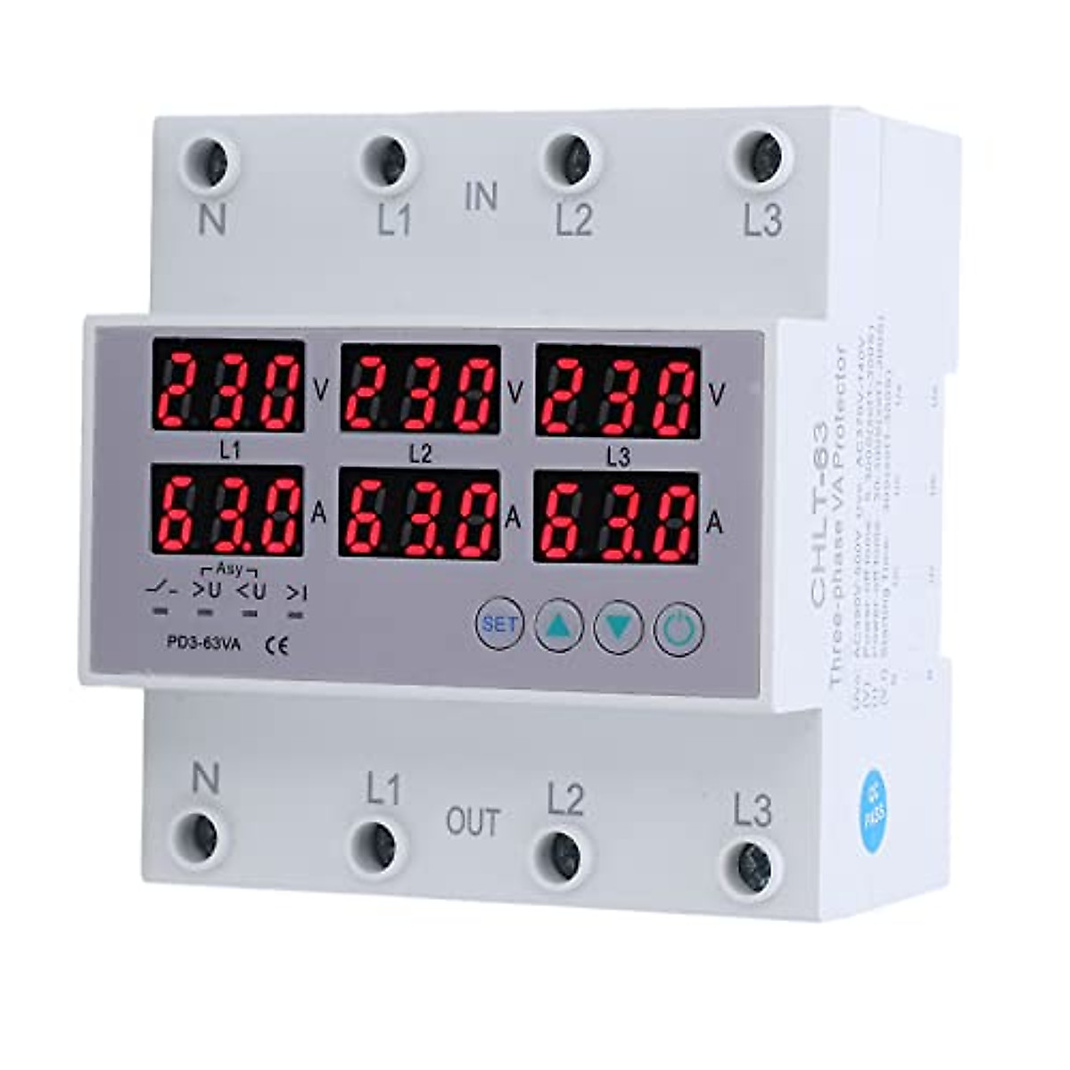 Fewb Digital 3 Phase DIN Rail Voltmeter Ammeter, AC 390‑500V Electricity Usage Monitor Power Meter Voltage Amps Watt Kwh Frequency Power Factor Meter Multimeter Current Power Tester(63A)