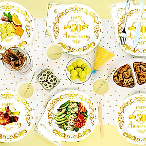 80Pcs 50th Anniversary Paper Plates Golden Wedding Celebration Party Supplies 7"50th Golden Dessert Plates 50 Years Golden Plates,for Fifty Anniversary Party Decoration 50th Brithday Party Decorations