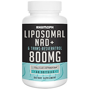 Rhamoph Liposomal NAD+ 800 mg with Trans-Resveratrol 300 mg, Max Absorption, Actual NAD+ Boosting Supplement for Healthy Aging, Cellular Energy, DNA Repair, Longevity - 60 Softgels