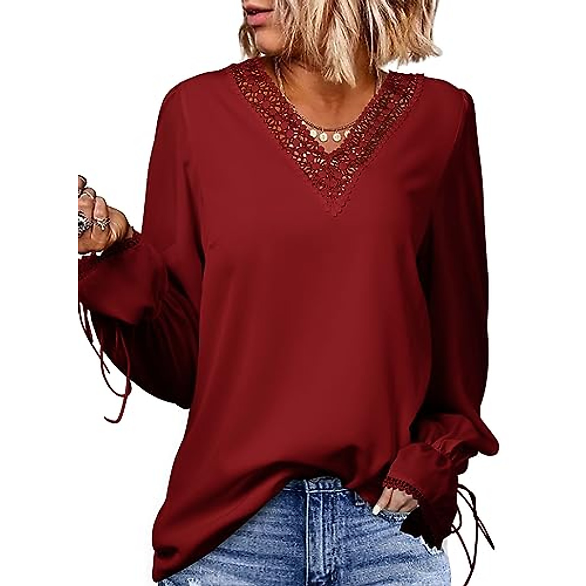 Dokotoo Fall Blouses for Women Long Sleeve Shirts Lace Trim V Neck Chiffon Solid Color Tunic Tops Loose Fit Stylish Burgundy Tops Casual Spring Summer Flowy Work Shirts Large