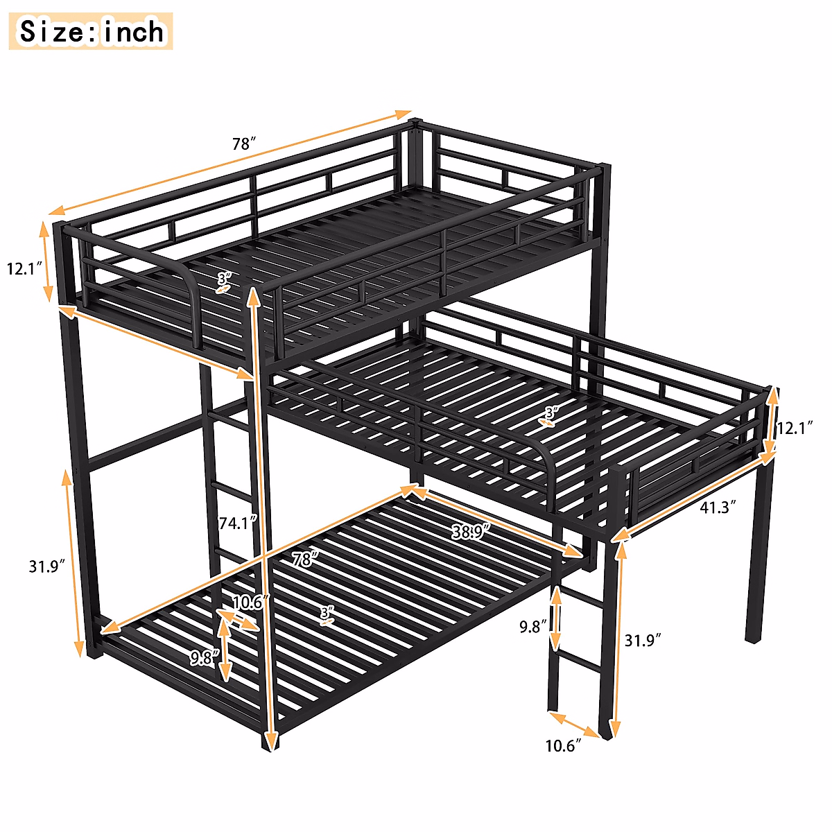 GINGVAT Metal Twin Size Triple Bunk Bed L-Shaped for 3 People, Sturdy Loft Bed Frame with 2 Ladders and Guardrails for Kids, Adults, Black