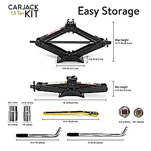 Car Jack Kit | Scissor Jack for Car 1.5 Ton (3,300 lbs) - Tire Jack Tool Kit | Portable, Ideal for SUV and Auto - Universal Car Emergency Kit with Lug Wrench | Heavy Duty Material