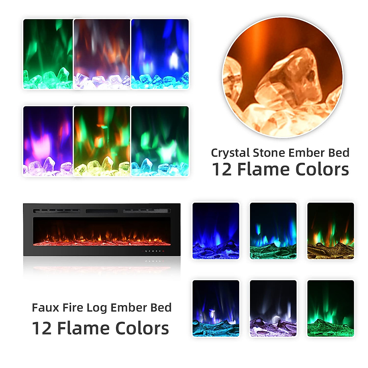 EROMMY 60 in Electric Fireplace Insert,Recessed and Wall Mounted Fireplace with Timer, Free Standing, Remote Control, Touch Screen, Overheating Protection, Log&Crystal, 9 Adjustable Flame, 750/1500W