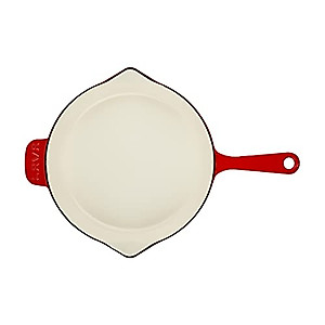 Lava Enameled Cast Iron Ceramic Skillet with Side Drip Spouts - 11 inch Round Frying Pan with White Ceramic Enamel Coated Interior - Edition Series (Red)