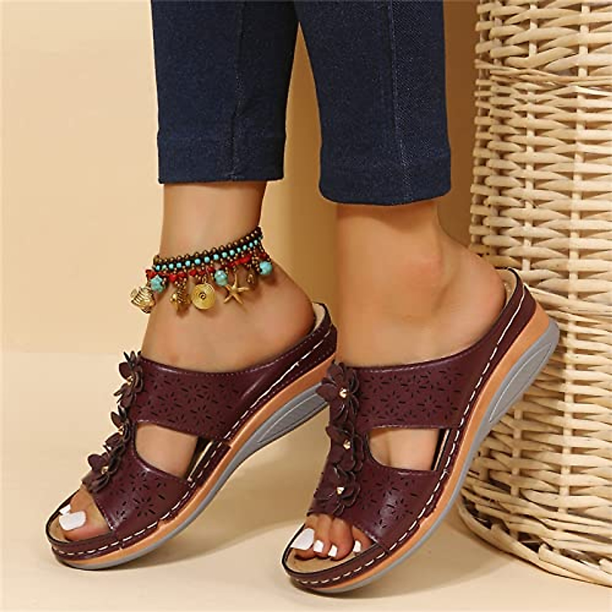 Ladies Fashion Retro Solid Leather Flower Decorative Open Toe Thick Sole Sandals Summer Sandals for Women (Wine, 8)