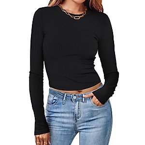 MEROKEETY Women Long Sleeve Slim Fit Crop Shirt Ribbed Knit Tops Casual Round Neck Y2K Tees Black Medium