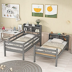 Twin Over Twin Bunk Beds, Wood Bunk Bed with Bookcase Headboard, Solid Wood Bed Frame with Safety Rail and Ladder, Kids/Teens Bedroom, Guest Room Furniture, Can Be converted into 2 Beds, Grey