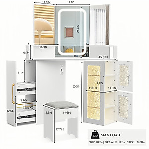JanflyHome Vanity Desk, 57" Makeup Vanity Desk with Mirror and Lights, White Vanity Set with Charging Station & RGB Cabinets, Vanity Table with Storage Stool, Corner Vanity Desk for Girls Bedroom……