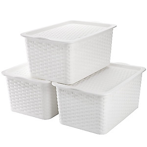 Dicunoy 3 Pack Lidded Storage Bins, Stackable Bathroom Storage Baskets with Lids, Small White Plastic Pantry Organizer with Handle for Kitchen, RV, Lockers, Classrooms, School, Toys, 11" x 7" x 5"
