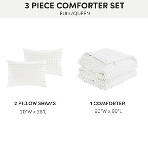 Comfort Spaces Cotton Comforter Set Jacquard Pom-Pom Tufts Design, Down Alternative, All Season Modern Bedding, Matching Shams, Full/Queen, Phillips, Ivory