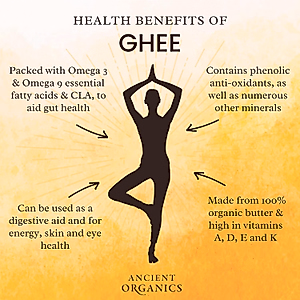 Ancient Organics Ghee, Organic Grass Fed Gluten Free Clarified Ghee Butter with Vitamins & Omegas, Lactose Reduced, 100% Certified Organic, Kosher, USDA Certified, Made in USA – 32 Fl Oz (Pack of 1)