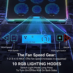 KYOLLY RGB Cooling Pad Gaming Laptop Cooler, Laptop Fan Cooling Stand with 6 Quiet for 15.6-17.3 inch laptops, 9 Height Stand, LED Lights & LCD Screen, 2 USB Ports, Lap Desk Use