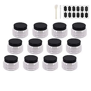 zmybcpack 12 Pack 7.7 OZ Clear Plastic Jars with Lids, A Spatula, A Pen & Labels -Refillable Round Low Profile Containers/Plastic Slime Travel Jars for Lotions, Body/Sugar Scrub, Creams