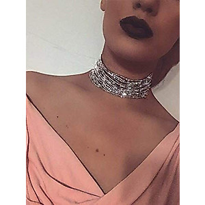 Nicute Layered Rhinestone Choker Sparkly Crystal Necklace Diamond Statement Necklace Jewelry for Women (Silver)