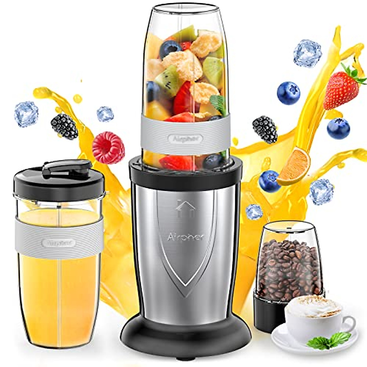 Blender for Shakes and Smoothies, 850 Watt 12 PCS Airpher Bullet Smoothie Blender for Personal with Milk Frother, 6-Edge Blade, Blade Grinder, 2 * 17 Oz & 10 Oz To-Go Cup, BPA Free