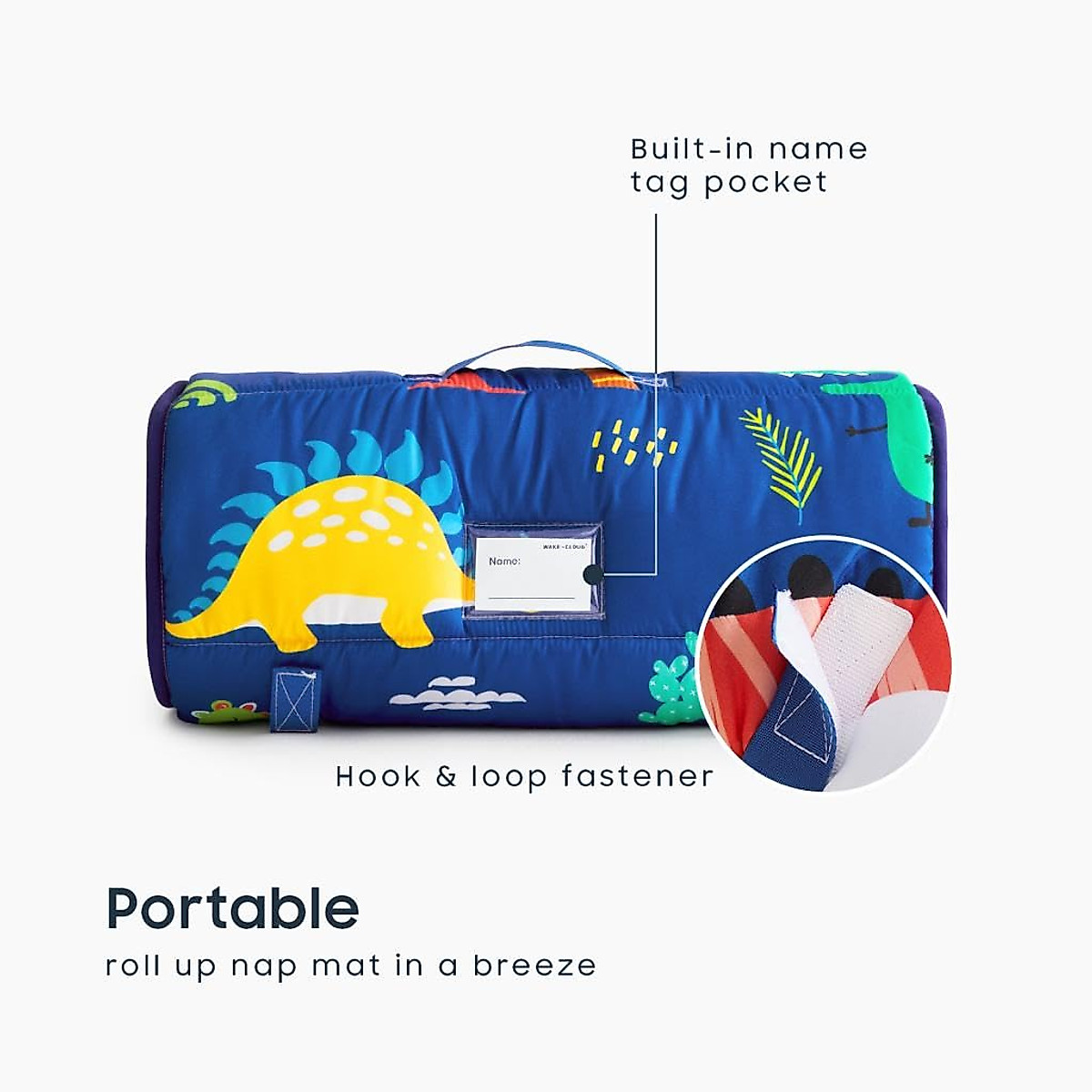 Wake In Cloud - Toddler Nap Mat with Pillow and Minky Fleece Blanket, for Kids Boys Girls in Daycare Preschool Kindergarten, Roll Up Sleeping Bag, Dinosaur Navy Blue, Standard Size