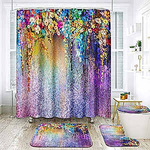 ArtSocket 4 Pcs Shower Curtain Set Floral Watercolor Red Flowers Purple Colorful Beautiful with Non-Slip Rugs Toilet Lid Cover and Bath Mat Bathroom Decor Set 72" x 72"