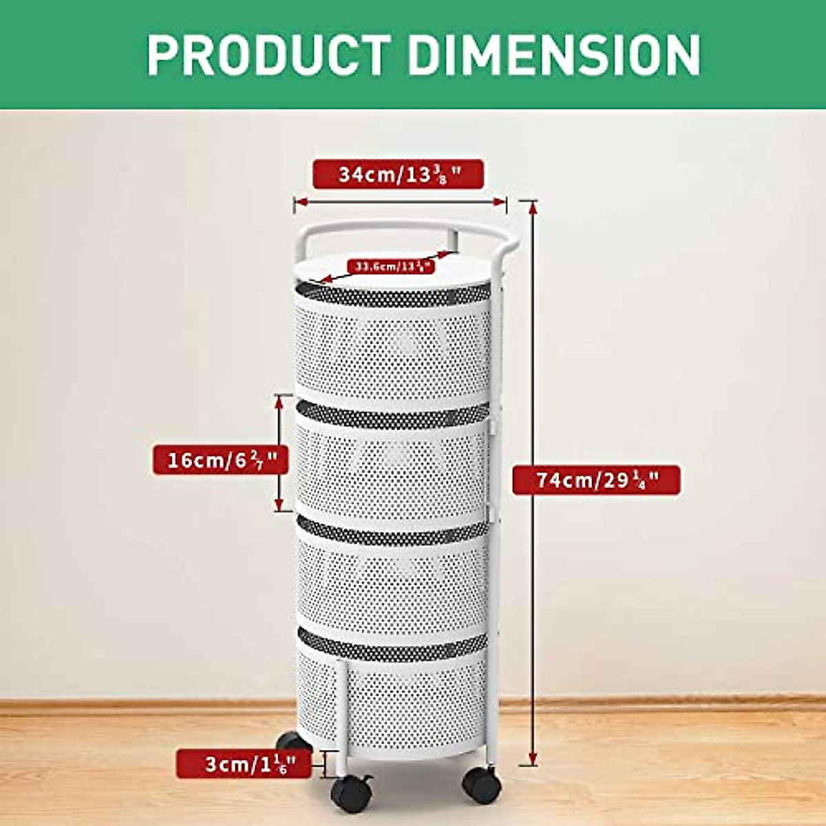 Rotating Storage Shelves Rack for Kitchen, 4-Tier Multi Layer Removable Basket Shelf Organizer on Rolling Wheels for Fruit Vegetable Grocery Corns Potato Onion (4-Tier , White)