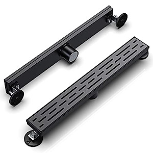24 inch Rectangular Linear Shower Drain with Brick Pattern Grate,304 Stainless Steel Bathroom Floor Drain, Adjustable Feet, Threaded Adapter Included?Hair Strainer?Matte Black