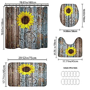 BIUSTAR 4 Piece Rustic Sunflower Shower Curtains Sets with Non-Slip Rugs, Toilet Lid Cover and Bath Mat, Bathroom Sets with Shower Curtain and Rugs and Accessories